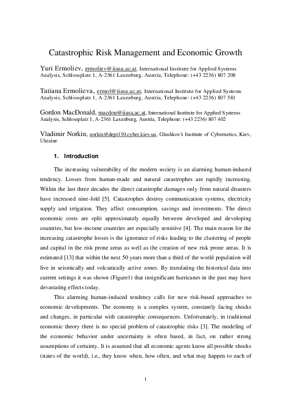 (PDF) Catastrophic Risk Management and Economic Growth
