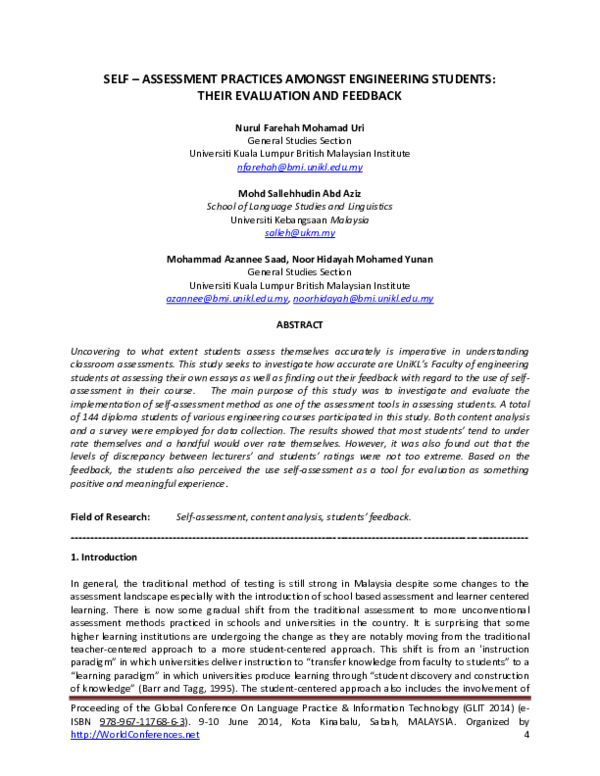 (PDF) Self- Assessment Practices Amongst Engineering Students: Their ...