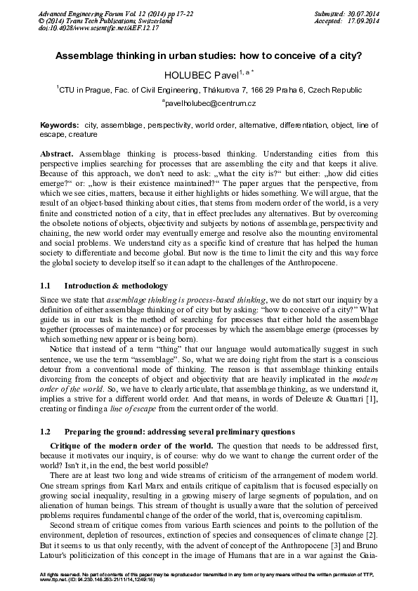 (PDF) Assemblage thinking in urban studies: how to conceive of a city?