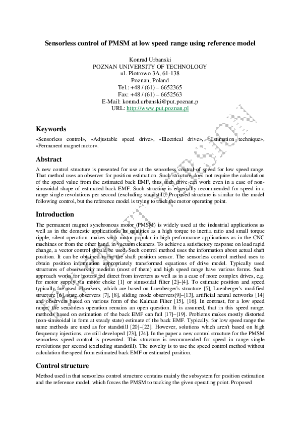 Sensorless Control of PMSM at Low Speed Range Using Reference Model