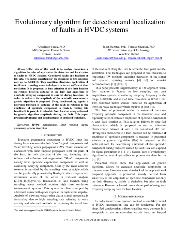 Pdf Evolutionary Algorithm For Detection And Localization Of Faults In Hvdc Systems