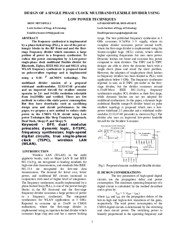 Doc Design Of A Single Phase Clock Multiband Flexible Divider Using Low Power Techniques