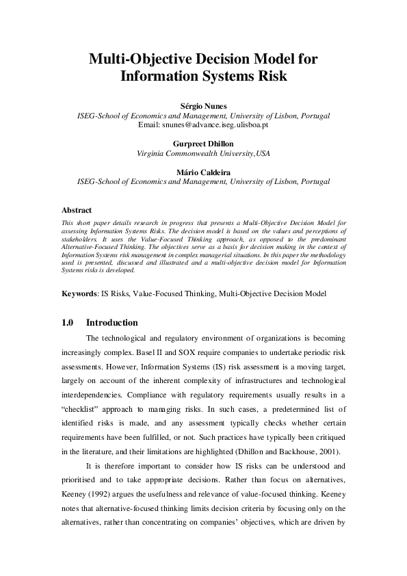 (PDF) Multi-Objective Decision Model for Information Systems Risk