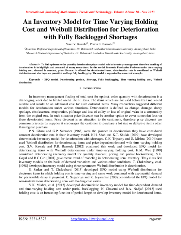 Pdf An Inventory Model For Time Varying Holding Cost And Weibull