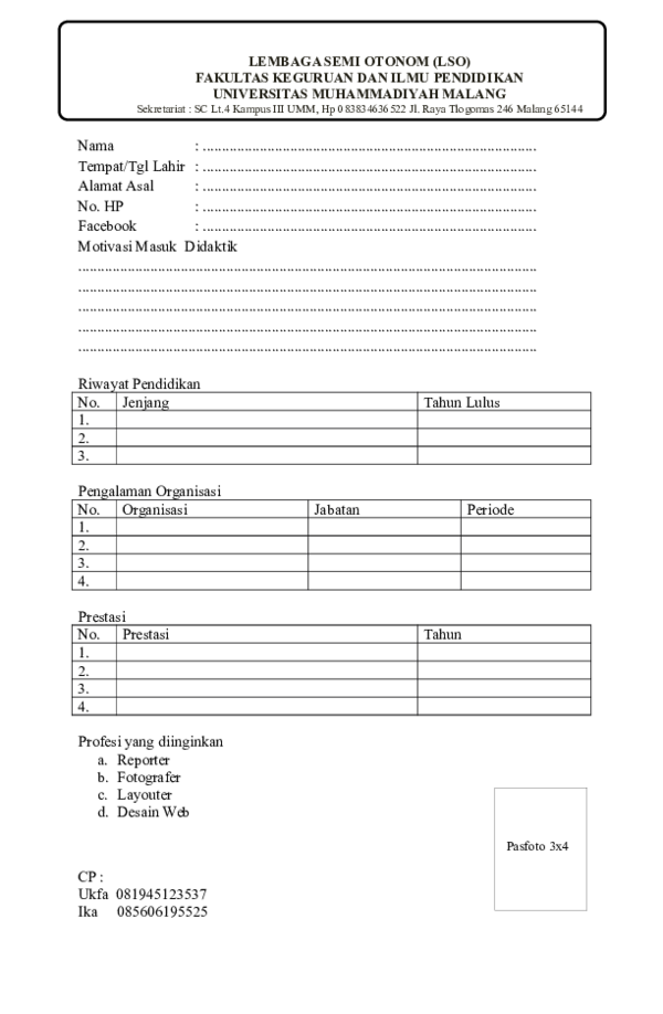 (DOC) Formulir Pendaftaran LSO Didaktik Pers Mahasiswa FKIP UMM