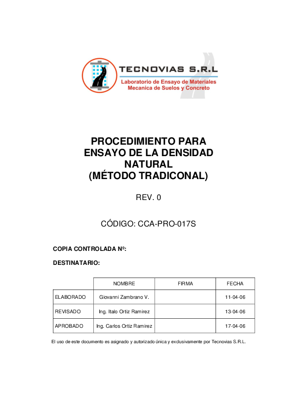 (PDF) PROCEDIMIENTO PARA ENSAYO DE LA DENSIDAD NATURAL (MÉTODO TRADICONAL