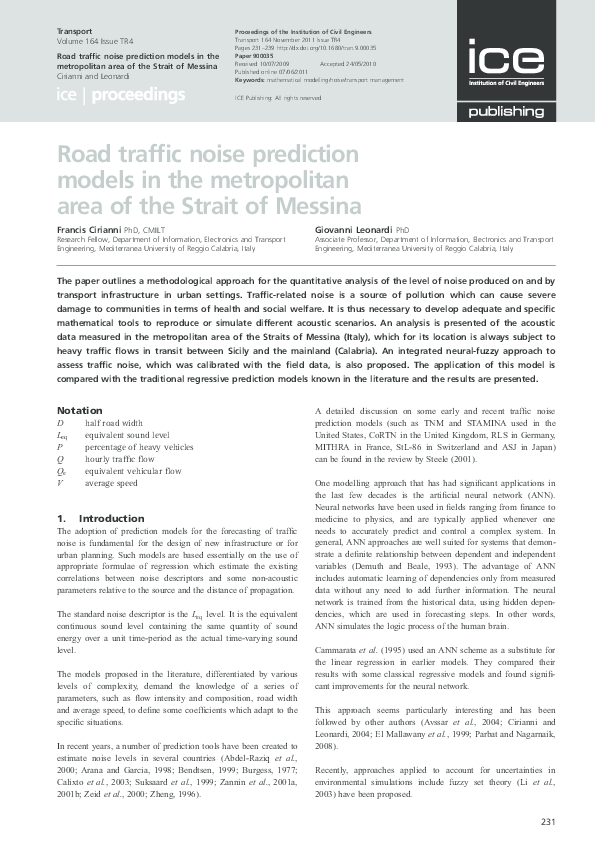 (PDF) Road traffic noise prediction models in the metropolitan area of the Strait of Messina