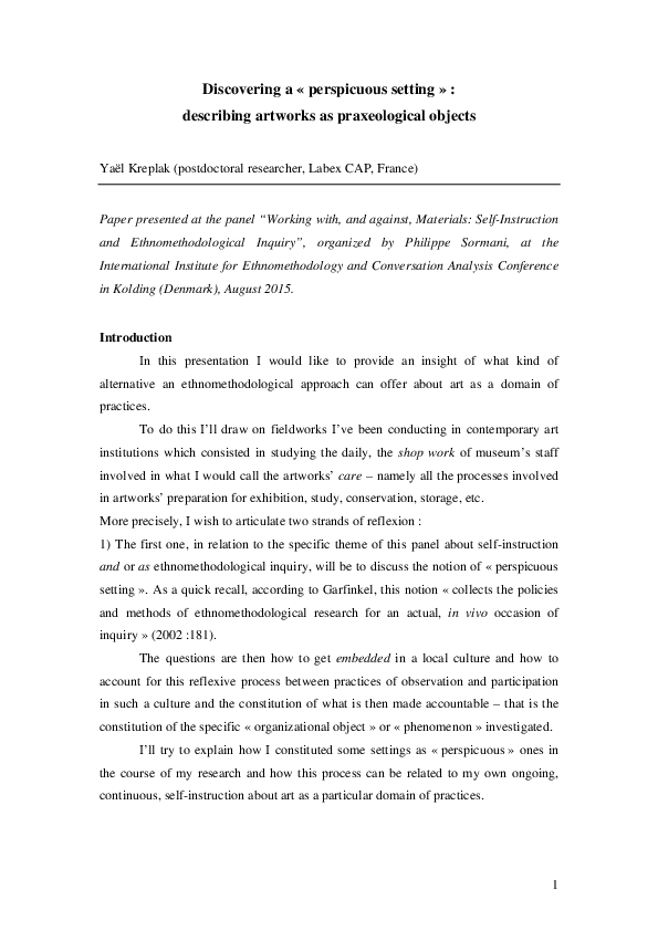 (PDF) Discovering a “perspicuous setting”: describing artworks as ...