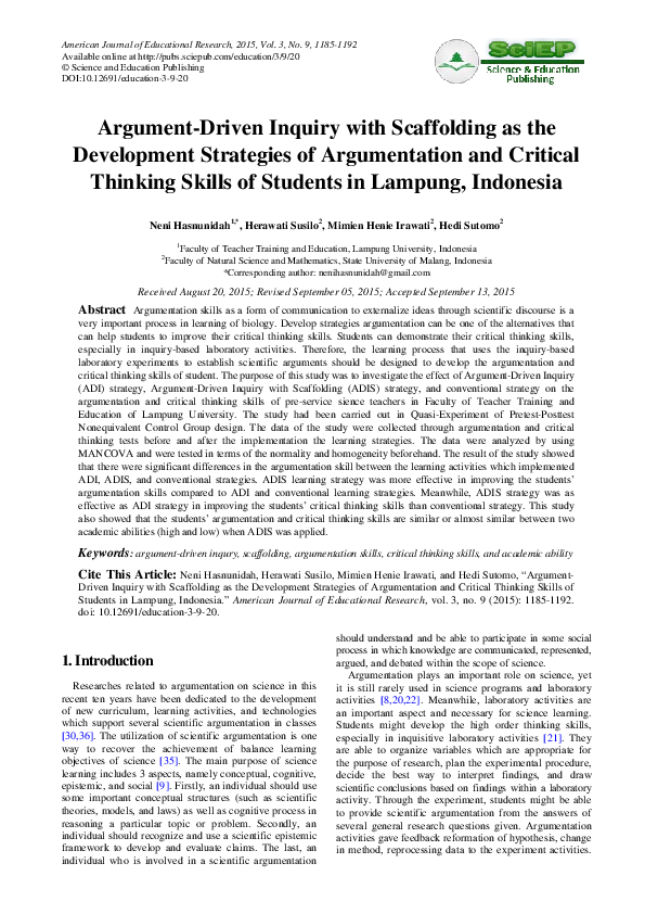 (PDF) Argument-Driven Inquiry with Scaffolding as The Development Strategies of Argumentation ...