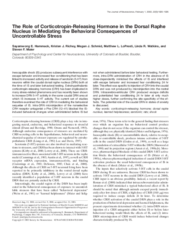Pdf The Role Of Corticotropin Releasing Hormone In The Dorsal Raphe Nucleus In Mediating The