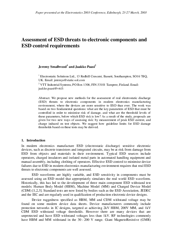 (PDF) Assessment of ESD threats to electronic components and ESD ...