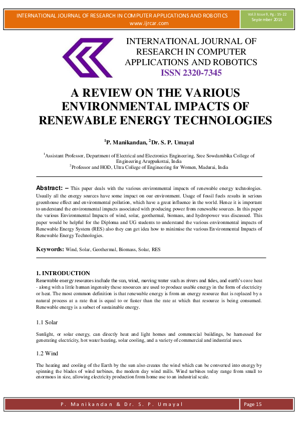 A REVIEW ON THE VARIOUS ENVIRONMENTAL IMPACTS OF RENEWABLE ENERGY ...