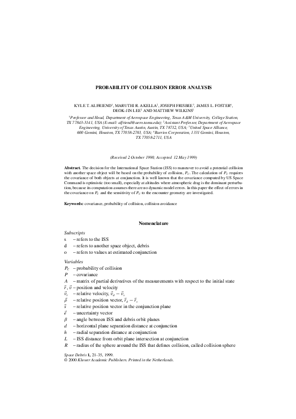 (PDF) PROBABILITY OF COLLISION ERROR ANALYSIS