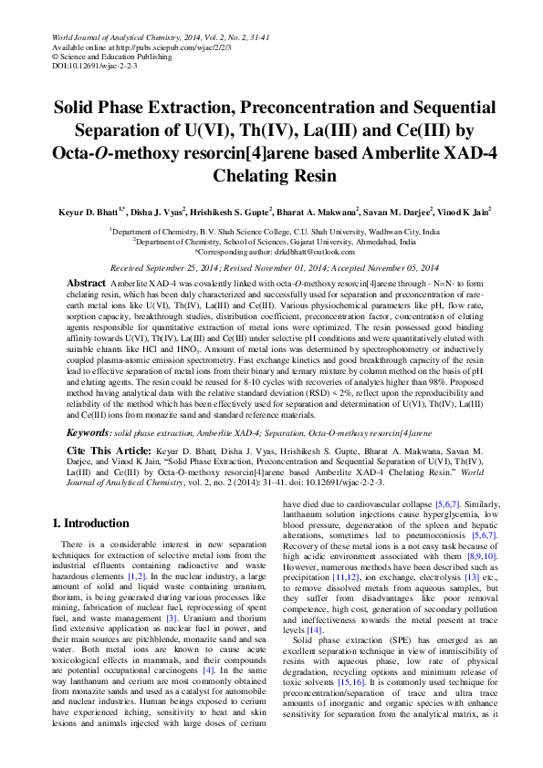 (PDF) Solid Phase Extraction, Preconcentration and Sequential Separation of U(VI), Th(IV), La ...