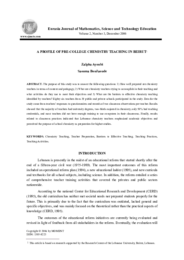 (PDF) A PROFILE OF PRE-COLLEGE CHEMISTRY TEACHING IN BEIRUT1 | Saouma ...