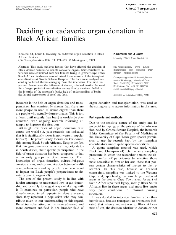 (PDF) Deciding on cadaveric organ donation in Black African families