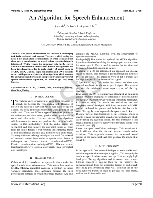 (PDF) An Algorithm for Speech Enhancement