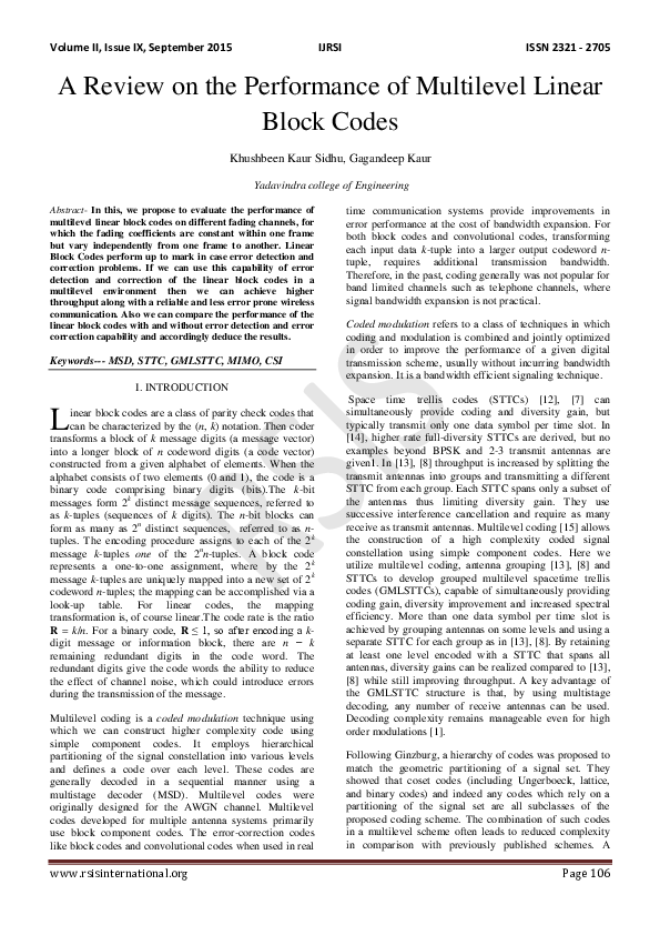 (PDF) A Review on the Performance of Multilevel Linear Block Codes ...