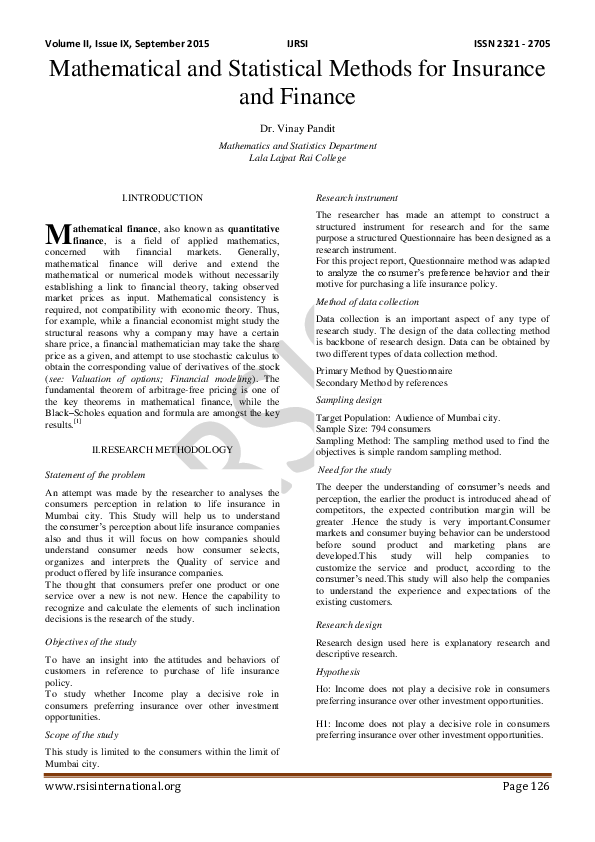 (PDF) Mathematical and Statistical Methods for Insurance and Finance