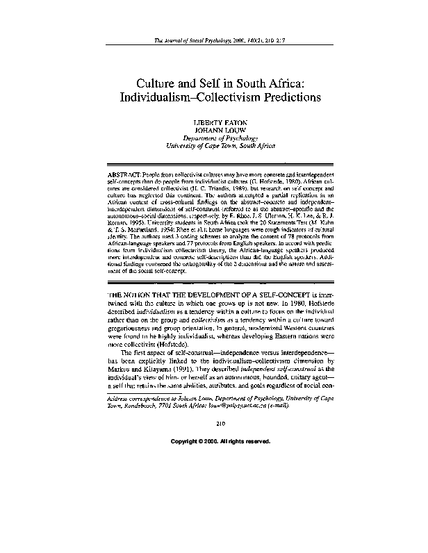 (PDF) Culture and Self in South Africa: Individualism-Collectivism ...