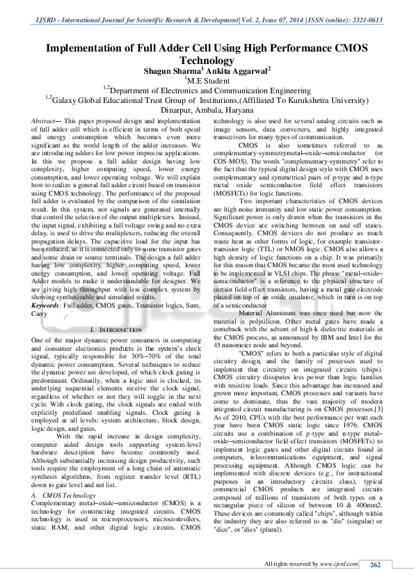 Pdf Implementation Of Full Adder Cell Using High Performance Cmos Technology