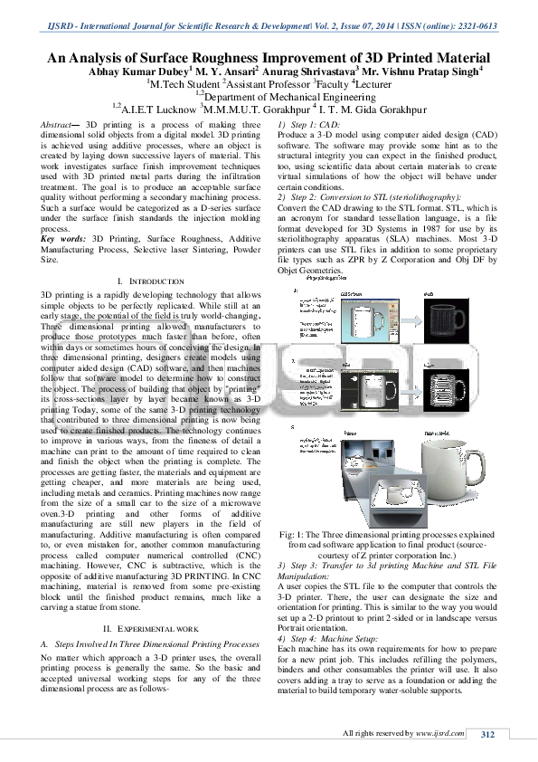 Pdf An Analysis Of Surface Roughness Improvement Of 3d Printed Material