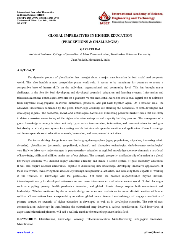 (PDF) GLOBAL IMPERATIVES IN HIGHER EDUCATION (PERCEPTIONS & CHALLENGES