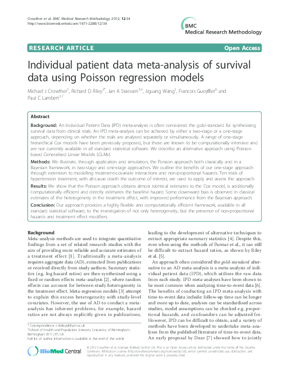 (PDF) Individual patient data meta-analysis of survival data using Poisson regression models