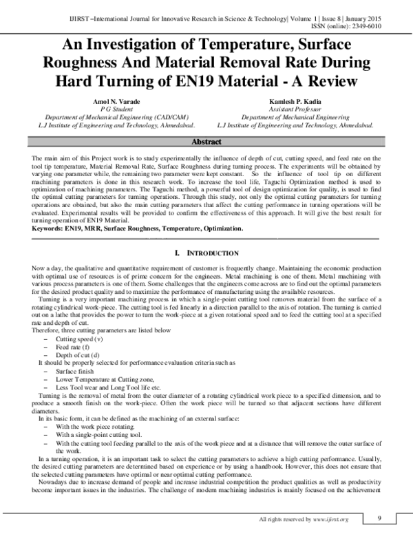 (PDF) An Investigation Of Temperature, Surface Roughness And Material ...