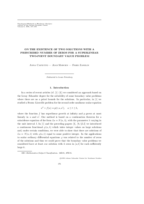 (PDF) ON THE EXISTENCE OF TWO SOLUTIONS WITH A PRESCRIBED NUMBER OF ZEROS FOR A SUPERLINEAR TWO ...