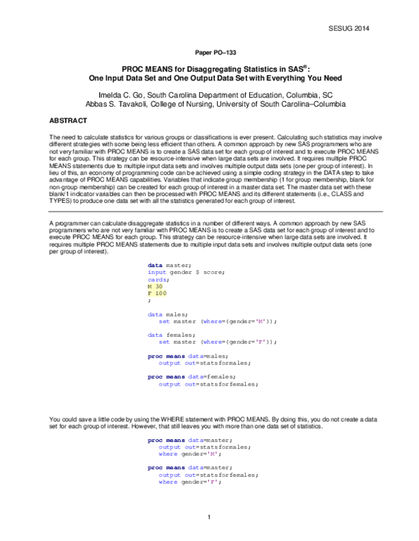 (PDF) PROC MEANS for Disaggregating Statistics in SAS®: One Input Data Set and One Output Data ...