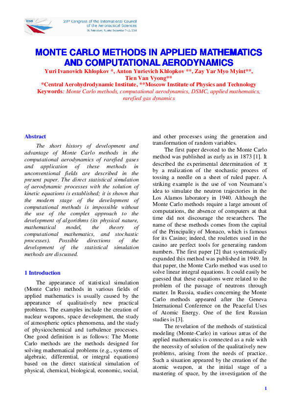 (PDF) MONTE CARLO METHODS IN APPLIED MATHEMATICS AND COMPUTATIONAL AERODYNAMICS