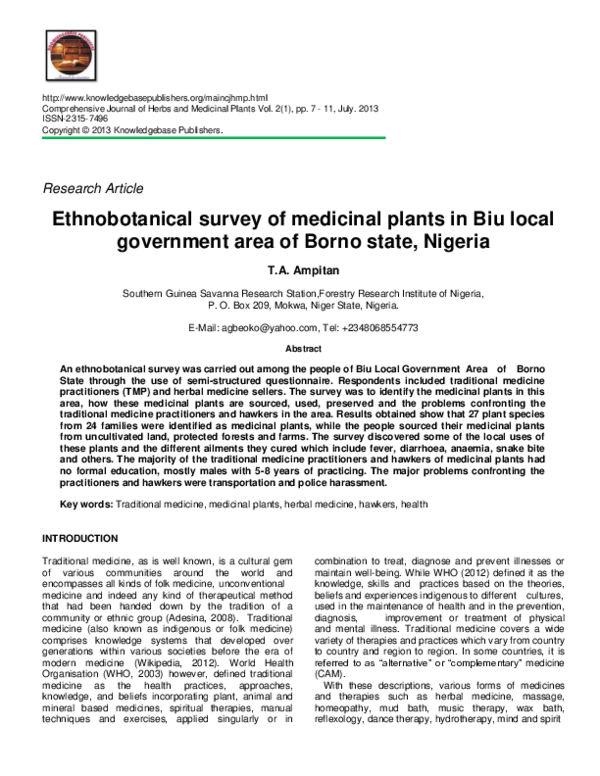 (PDF) ETHNOBOTANICAL SURVEY OF MEDICINAL HERBS Original published)