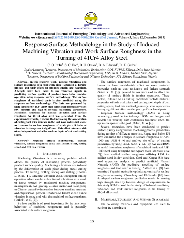 (PDF) Response Surface Methodology in the Study of Induced Machining Vibration and Work Surface ...