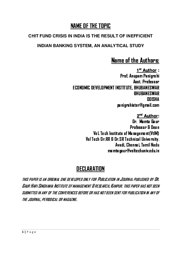 (PDF) CHIT FUND CRISIS IN INDIA IS THE RESULT OF INEFFICIENT INDIAN ...