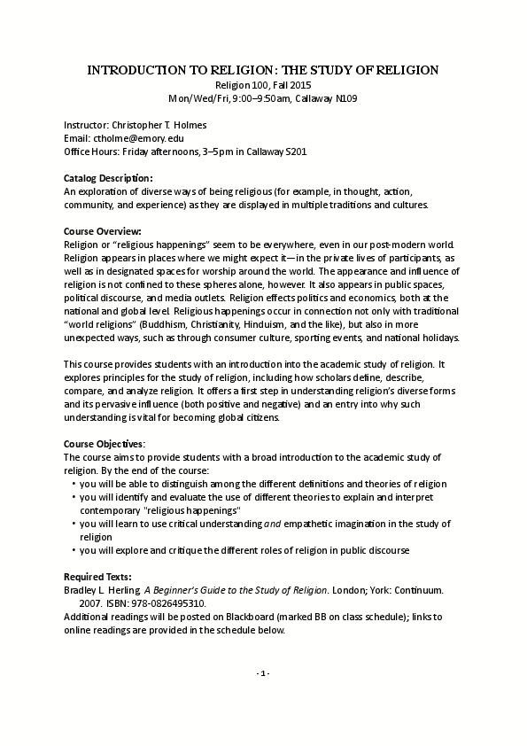 (PDF) Syllabus: Religion 100: An Introduction to the Study of Religion
