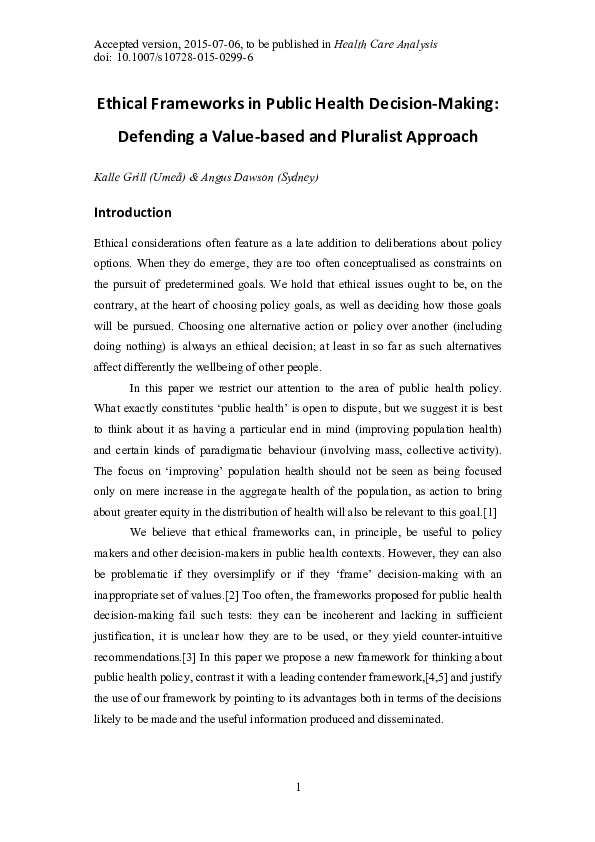 Ethical Frameworks in Public Health Decision-Making: Defending a Value ...