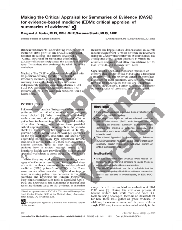 (PDF) Making the Critical Appraisal for Summaries of Evidence (CASE ...