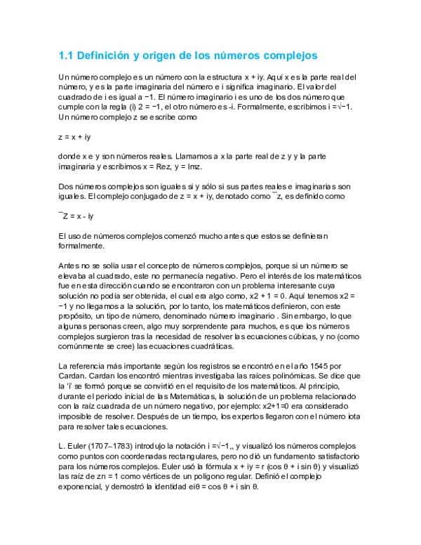 (DOC) 1 Definición y origen de los números complejos