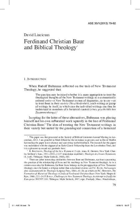 (PDF) "Ferdinand Christian Baur and Biblical Theology," Annali di ...