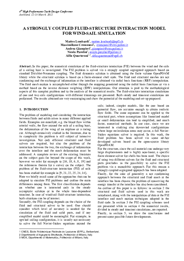 Pdf A Strongly Coupled Fluid Structure Interaction Model For Wind Sail Simulation