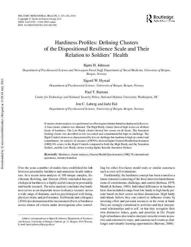 (PDF) Hardiness Profiles: Defining Clusters of the Dispositional Resilience Scale and Their ...