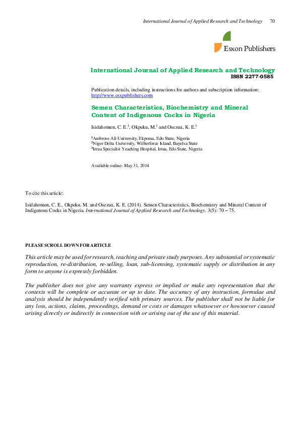 (PDF) Semen Characteristics, Biochemistry and Mineral Content of Indigenous Cocks in Nigeria