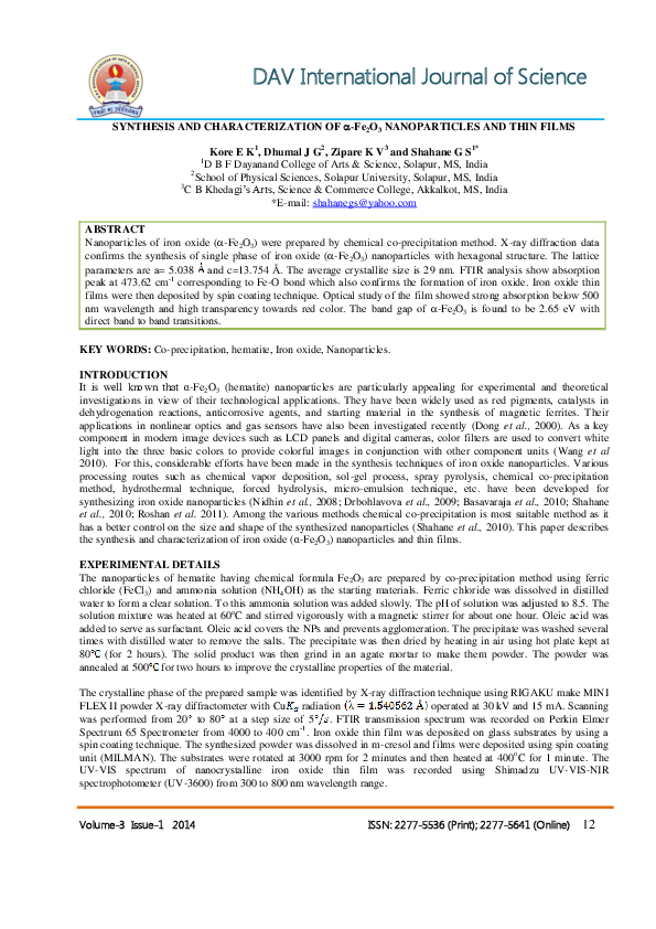 (PDF) SYNTHESIS AND CHARACTERIZATION OF -Fe2O3 NANOPARTICLES AND THIN FILMS
