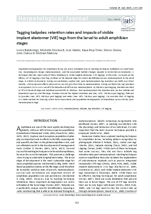 (PDF) Tagging tadpoles: retention rates and impacts of visible implant ...
