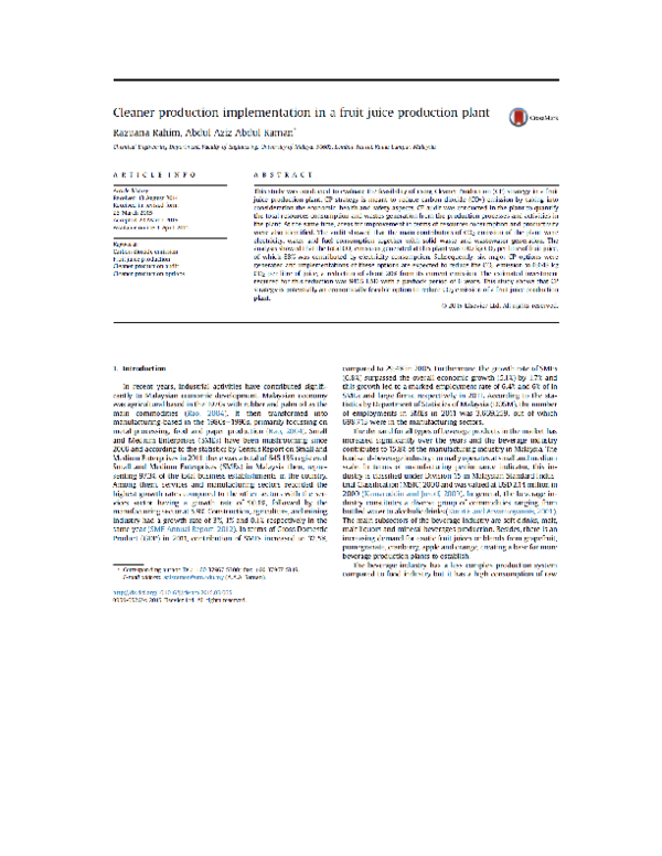 (PDF) Cleaner production implementation in a fruit juice production plant | Faculty of ...
