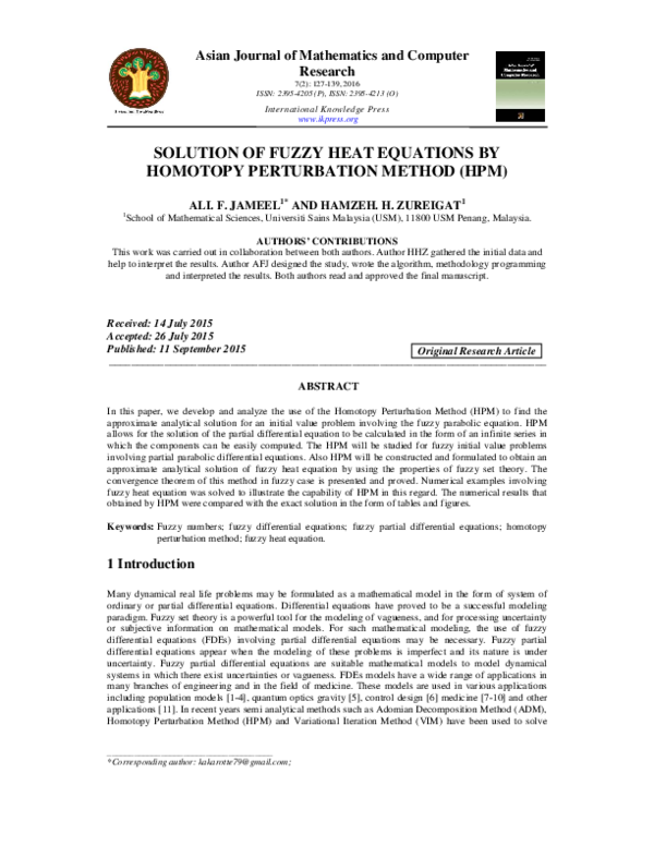 Pdf Solution Of Fuzzy Heat Equations By Homotopy Perturbation Method Hpm