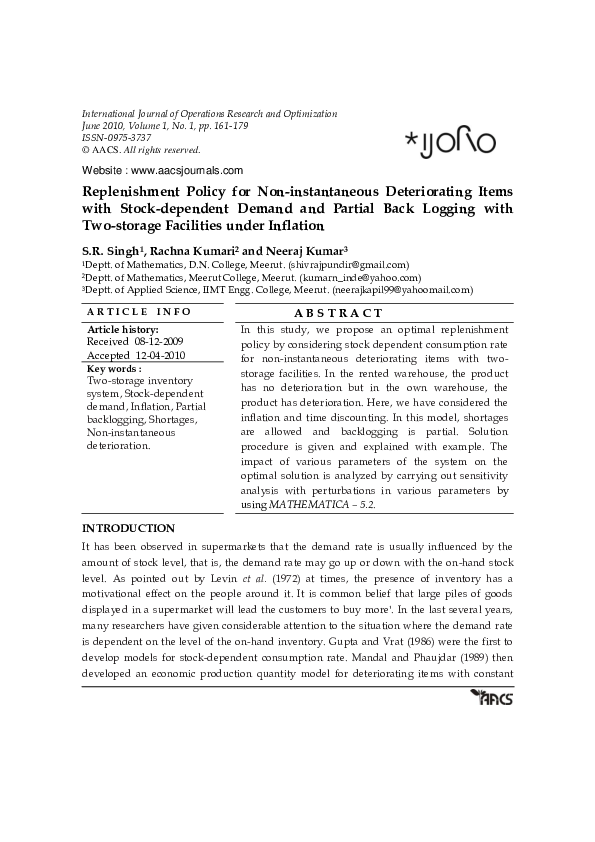 Pdf Replenishment Policy For Non Instantaneous Deteriorating Items With Stock Dependent Demand