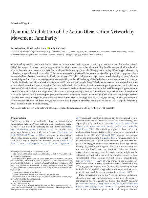 Pdf Dynamic Modulation Of The Action Observation Network By Movement