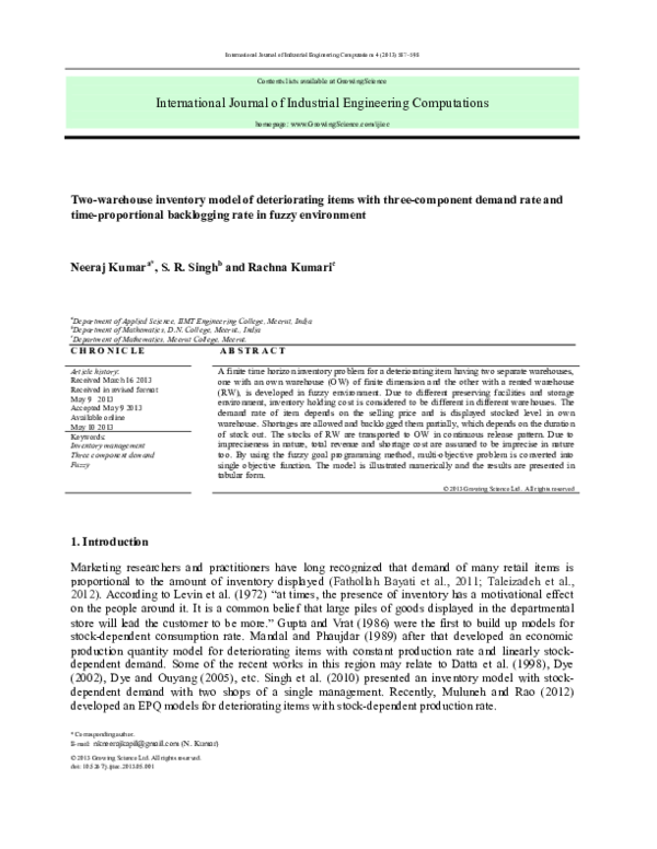 Pdf Two Warehouse Inventory Model Of Deteriorating Items With Three Component Demand Rate And